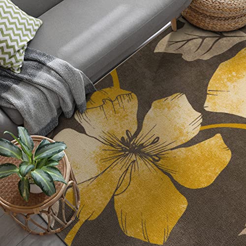 CAMILSON Solana Modern Floral 7'10" x 10'3" Area Rugs Non-Skid (Non-Slip) Rubber Backing Yellow - Brown Flowers Indoor Rug (8x10, Yellow Brown)