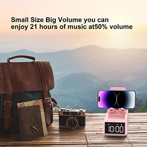 Deeyaple 3 in 1 Wireless Bluetooth Speaker with Loud Alarm Clock Cell Phone Stand TF Card Reader 12H Display Mic HD Surround Sound Kitchen Bedroom Office Cell Phone&Tablet (Pink)