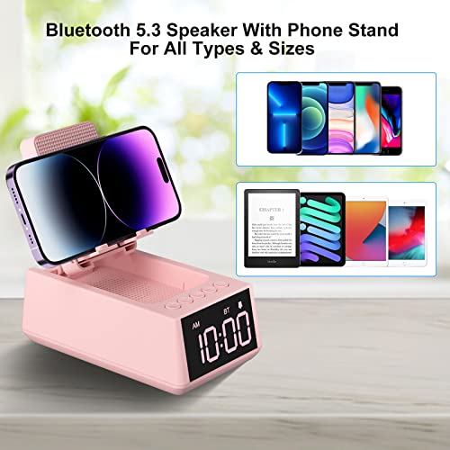 Deeyaple 3 in 1 Wireless Bluetooth Speaker with Loud Alarm Clock Cell Phone Stand TF Card Reader 12H Display Mic HD Surround Sound Kitchen Bedroom Office Cell Phone&Tablet (Pink)