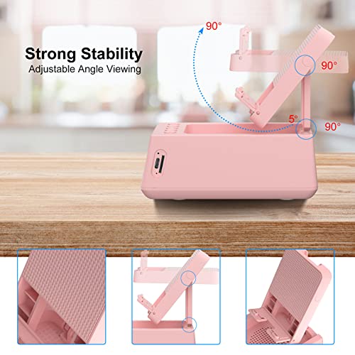 Deeyaple 3 in 1 Wireless Bluetooth Speaker with Loud Alarm Clock Cell Phone Stand TF Card Reader 12H Display Mic HD Surround Sound Kitchen Bedroom Office Cell Phone&Tablet (Pink)