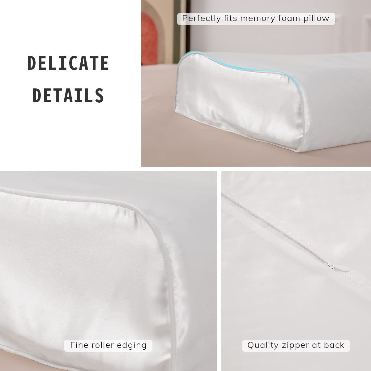PROMEED Mulberry Silk Pillowcase for Contour Memory Foam Pillow, Natural 23 Momme Silk Memory Foam Pillow Case Cover, Pefect Fit for Royal Therapy Cervical Neck Pillow (White, Queen-24"x14.5"x5"/4.3")