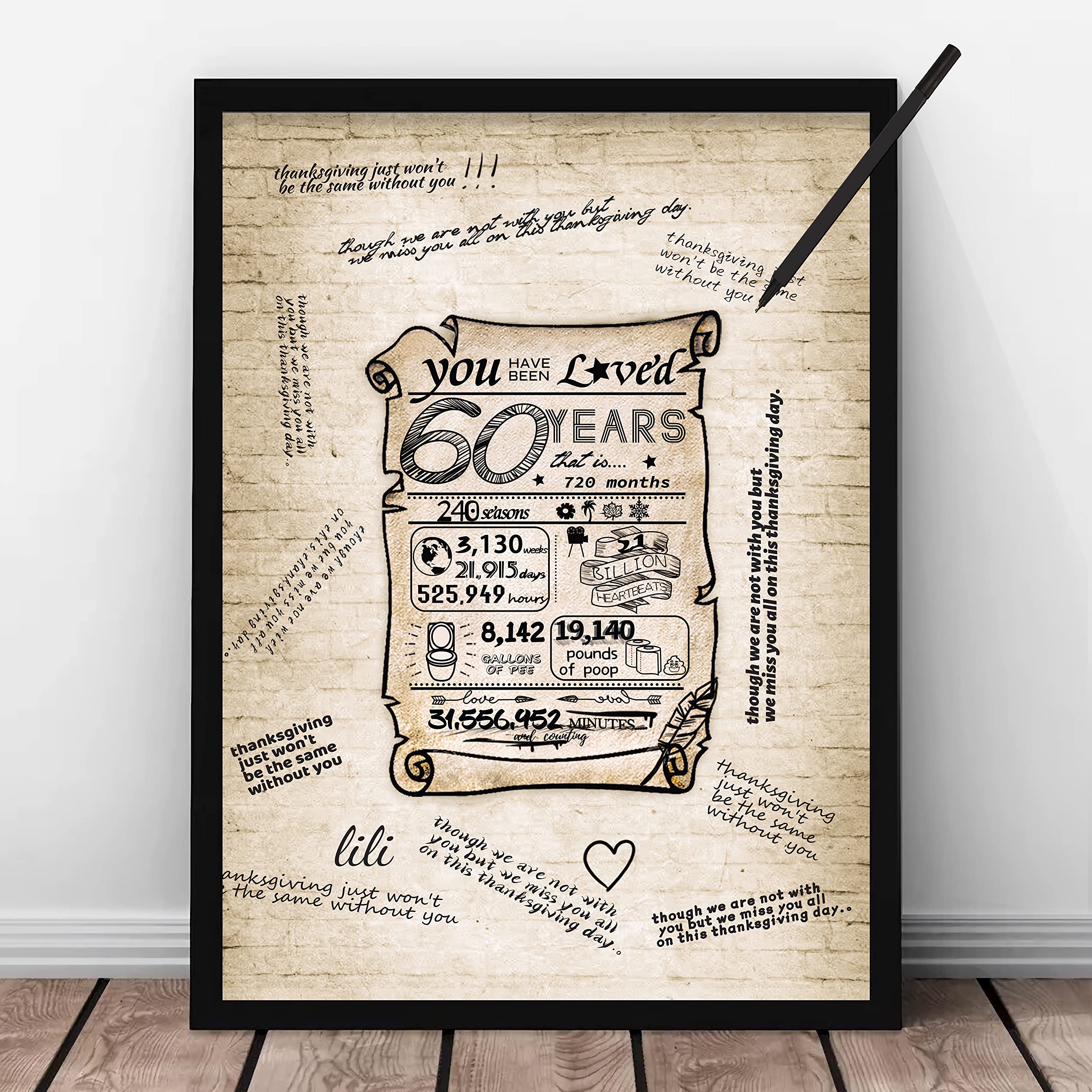 Framed Black 60th Birthday Decorations 60th Birthday Guest Book Alternative 12”x16”, 60 Years Old Birthday Party Supplies Guest Signature Poster, Funny 60 Birthday Gifts for Women Men(60th, Retro)
