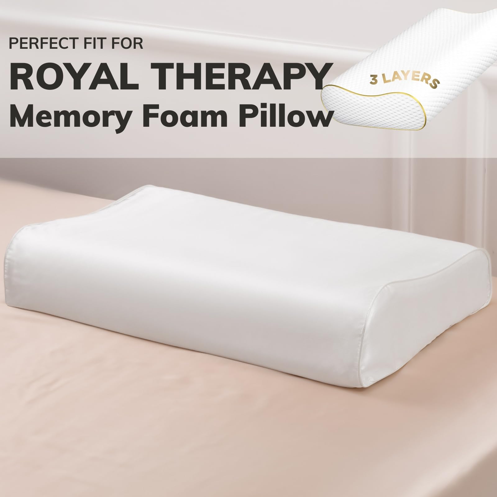 PROMEED Mulberry Silk Pillowcase for Contour Memory Foam Pillow, Natural 23 Momme Silk Memory Foam Pillow Case Cover, Pefect Fit for Royal Therapy Cervical Neck Pillow (White, Queen-24"x14.5"x5"/4.3")