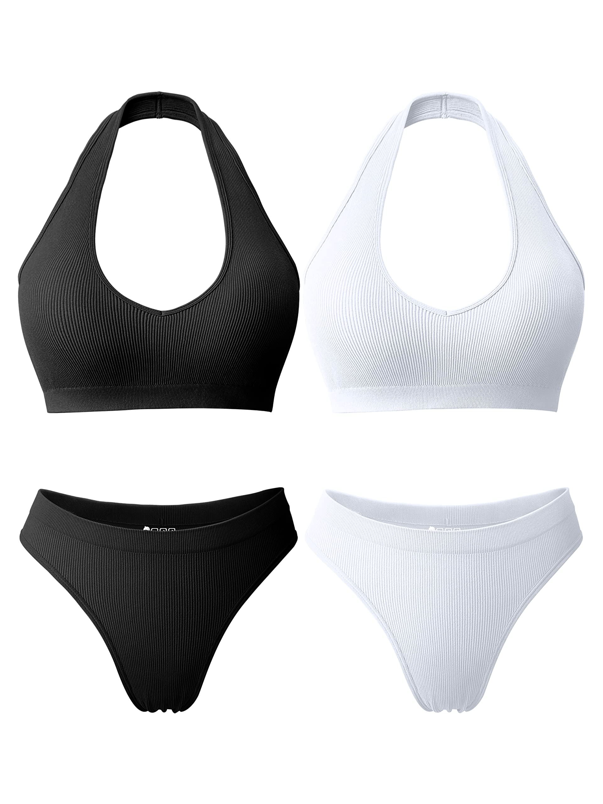 OQQ Women's Sexy Lingerie Sets Matching Set Bra Panty, Black White, Large