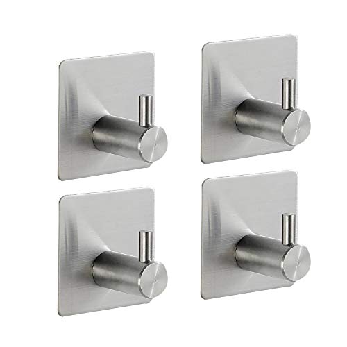 SUNDOKI Adhesive Wall Hooks, Bathroom Towel Hooks Hanger Stainless-Steel Waterproof Self-Adhesive Hooks for Coat, Hat, Towel Robe Rack (4 Pack)