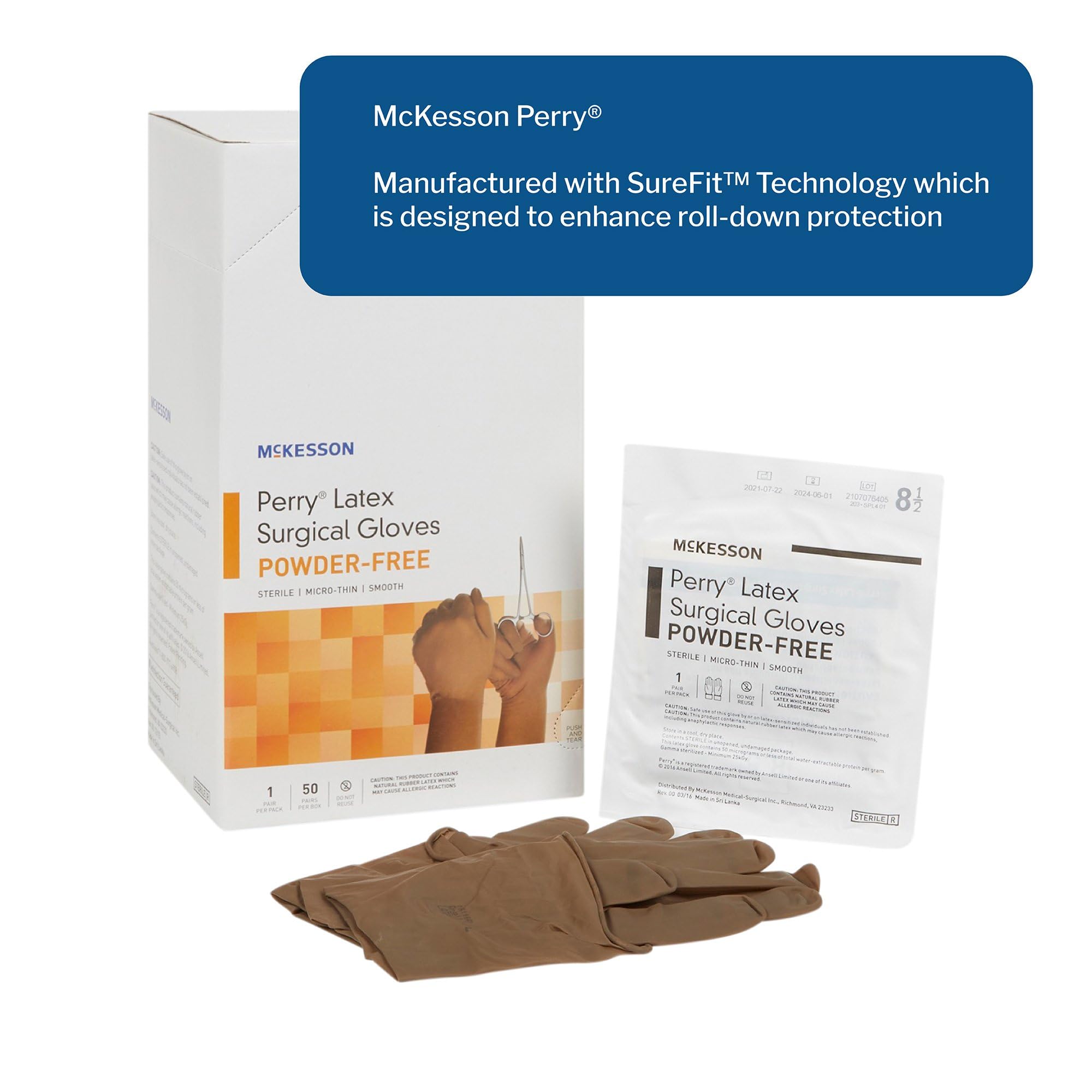McKesson Perry Latex Surgical Gloves [50 Pairs] Sterile, Disposable, Powder-Free, Professional Medical and Healthcare, Micro-Thin, Size 8.5, Brown