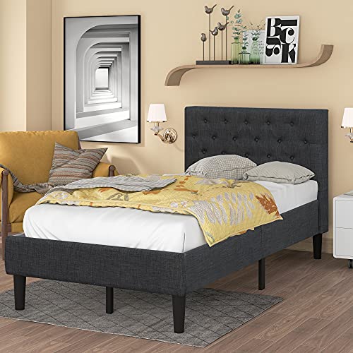 Catrimown Twin Bed Frame with Upholstered Button Tufted Headboard, Linen Fabric Platform Bed Frame with Strong Wooden Slat Support, Mattress Foundation, No Box Spring Needed, Easy Assembly, Dark Grey