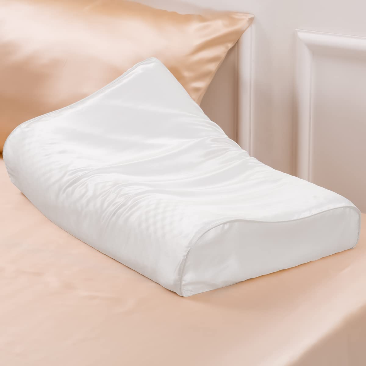 PROMEED Mulberry Silk Pillowcase for Contour Memory Foam Pillow, Natural 23 Momme Silk Memory Foam Pillow Case Cover, Pefect Fit for Royal Therapy Cervical Neck Pillow (White, Queen-24"x14.5"x5"/4.3")