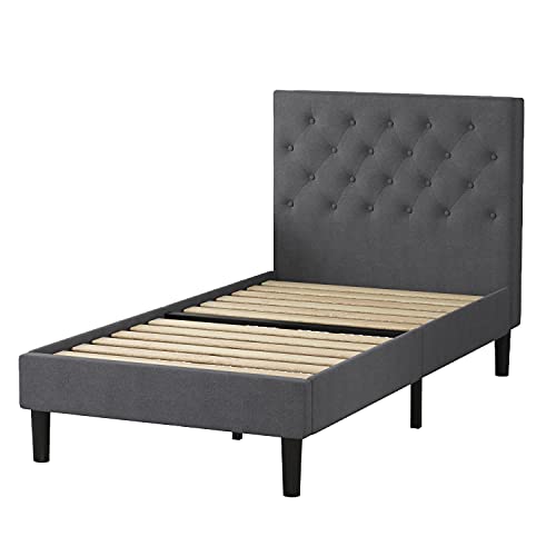 Catrimown Twin Bed Frame with Upholstered Button Tufted Headboard, Linen Fabric Platform Bed Frame with Strong Wooden Slat Support, Mattress Foundation, No Box Spring Needed, Easy Assembly, Dark Grey