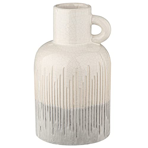 Decorative White Ceramic Vase Two-Tone Boho Flower Vase with Handle Pottery Bud Jug Vase for Flower Arrangement Glazed Rustic Farmhouse Floral Vase for Table Centerpieces