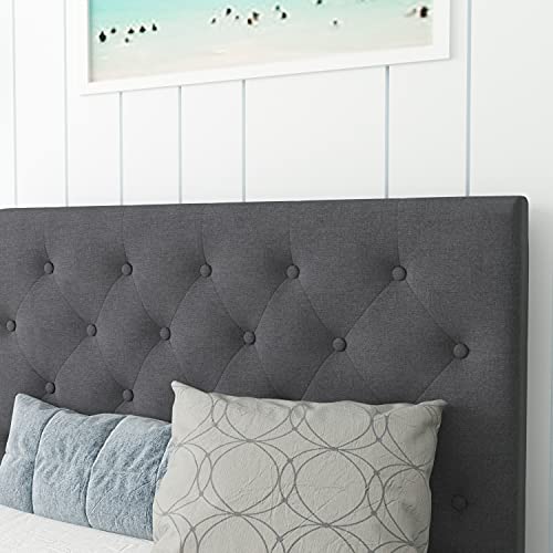 Catrimown Twin Bed Frame with Upholstered Button Tufted Headboard, Linen Fabric Platform Bed Frame with Strong Wooden Slat Support, Mattress Foundation, No Box Spring Needed, Easy Assembly, Dark Grey