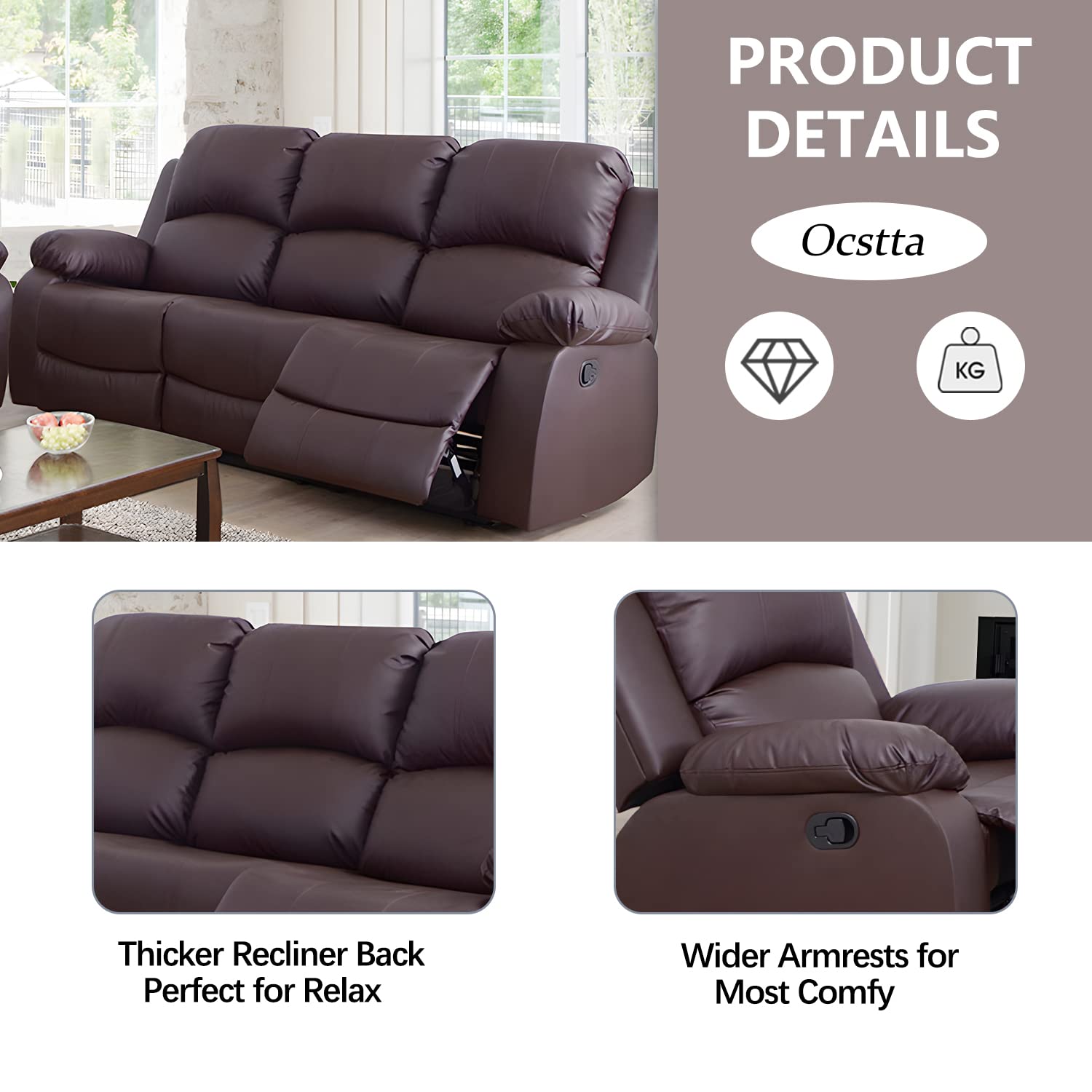 Ocstta Leather Recliner Sofa Set for Living Room Furniture Set,Recliner Sofa Set for House/Office(Leather Sofa Set 3 Pieces) Brown