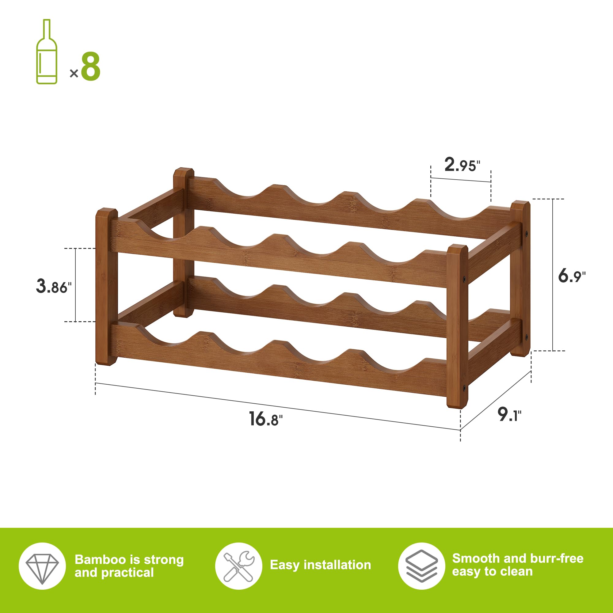 BMOSU Bamboo Wine Rack Wine Storage Cabinet Shelf 8 Bottle Wine Racks Countertop Sturdy for Kitchen Dining Room Pantry - 2 Tiers Wine Rack(Brown)