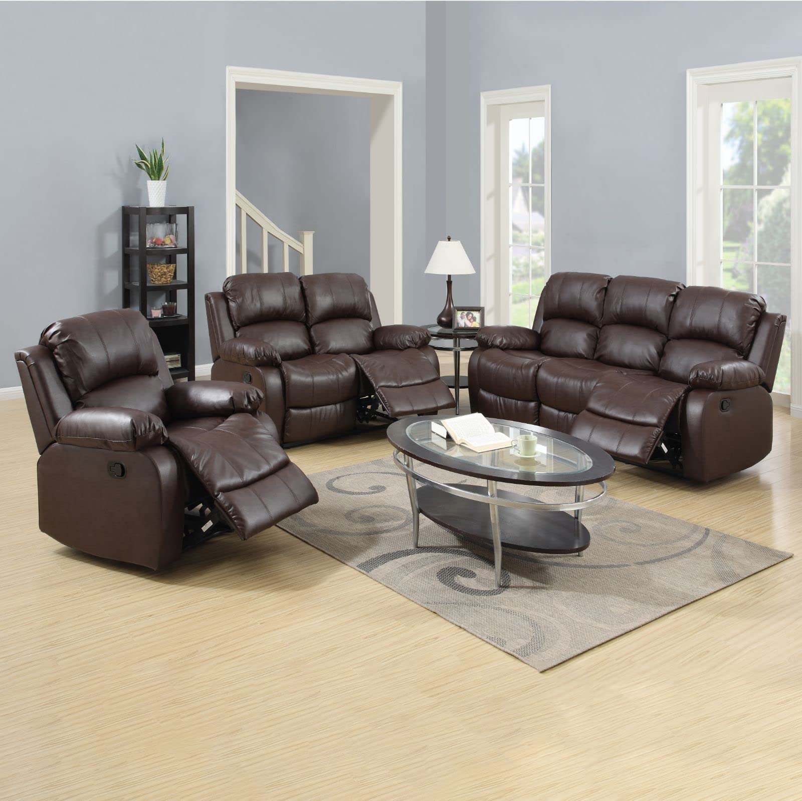 Ocstta Leather Recliner Sofa Set for Living Room Furniture Set,Recliner Sofa Set for House/Office(Leather Sofa Set 3 Pieces) Brown