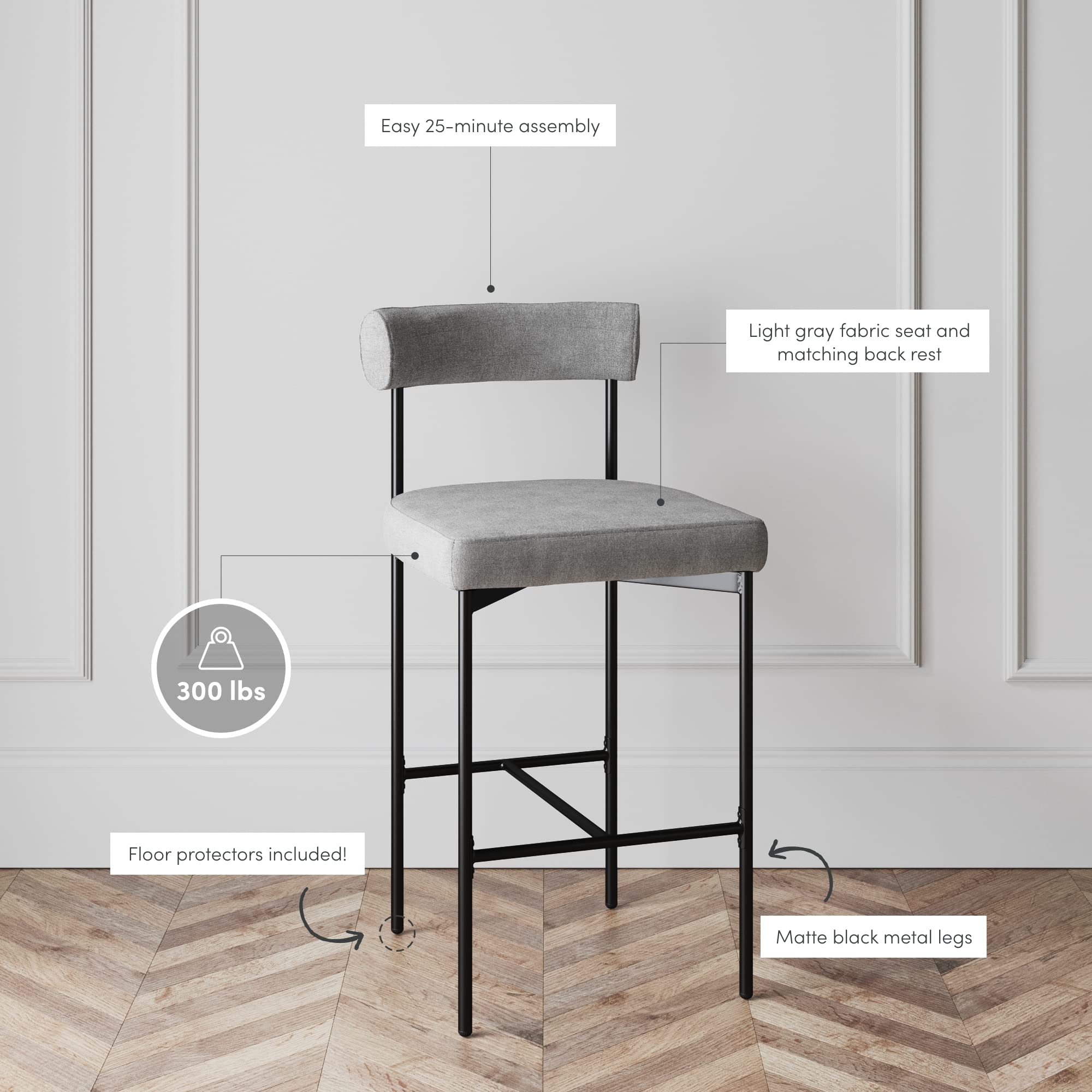 Nathan James Dahlia Counter Height Chair, Modern Barstool with Back, Mid-Century Metal Legs and Padded Cushion for Kitchen, Island and Bars, Light Grey/Black