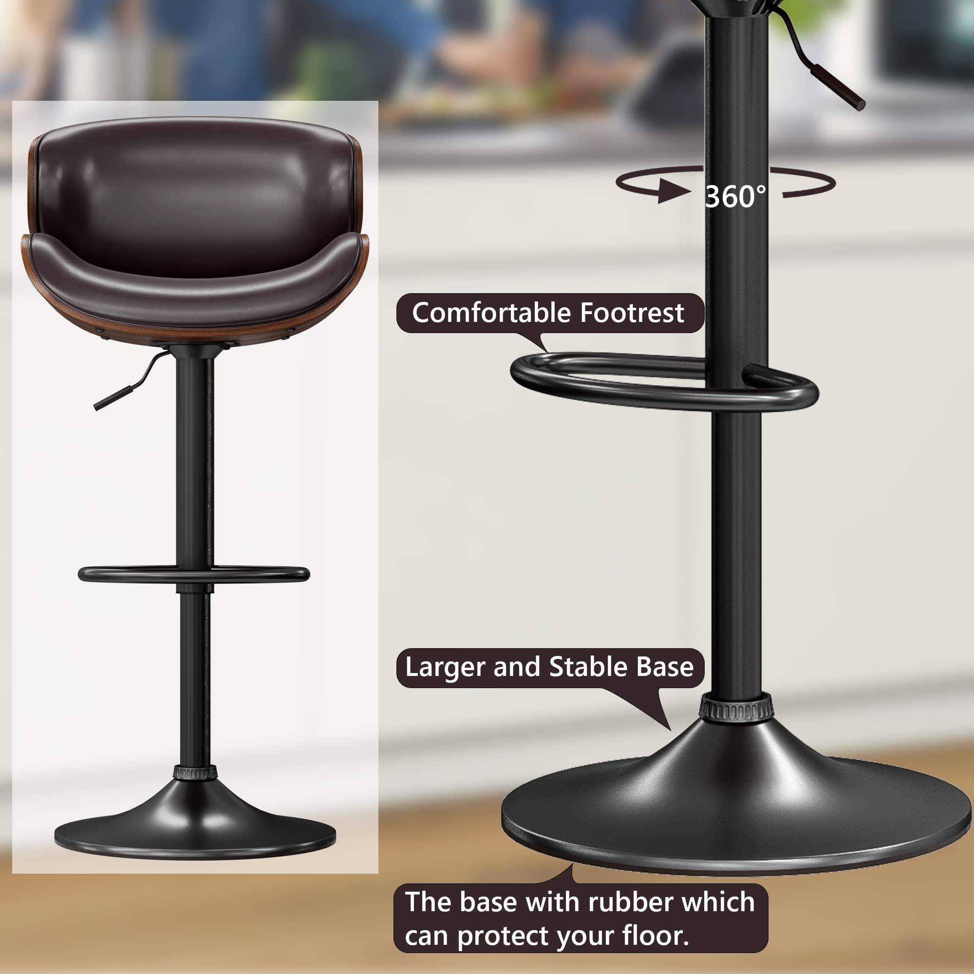 YaFiti Bar Stools Set of 4, Modern Pu Leather Swivel Adjustable Bar Stool Counter Height Stool Set, Bar Chair with Back and Footrest for Kitchen, Dining Room, Brown
