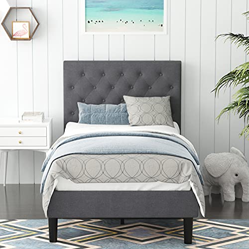 Catrimown Twin Bed Frame with Upholstered Button Tufted Headboard, Linen Fabric Platform Bed Frame with Strong Wooden Slat Support, Mattress Foundation, No Box Spring Needed, Easy Assembly, Dark Grey