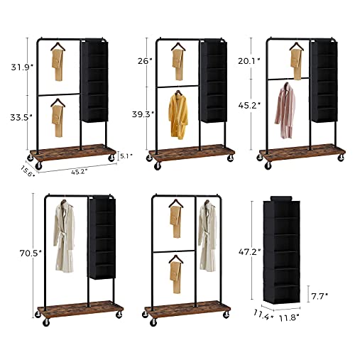 Rolanstar Clothing Garment Rack with Hanging Closet Organizer, Adjustable Heavy Duty Clothes Rack, with Rolling Wheels and 2 Brakes, Great for Living Room, Bedroom