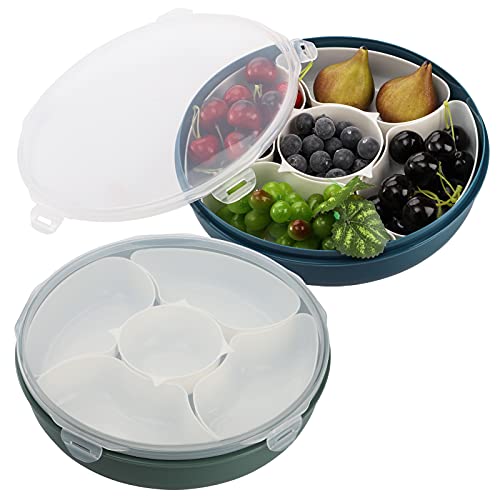 Dicunoy 2 Pack Veggie Tray Container, Relish Trays with Lids, Divided Serving Tray Plastic 5 Compartment Party Platter for Candy, Appetizer, Snack, Fruit, Nuts, Veggie, Parties, Travel, Camping