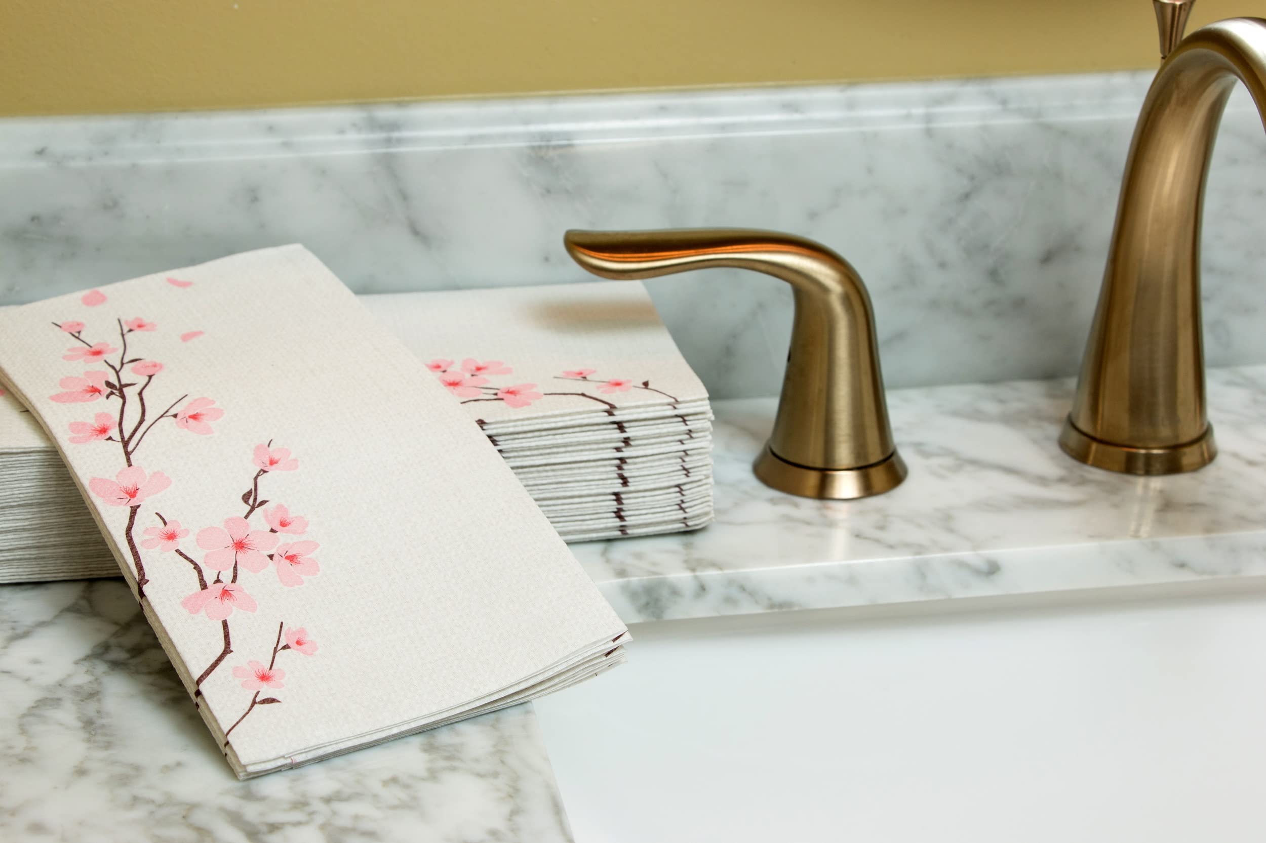 Simulinen Cherry Blossom Disposable Guest Towels - Cloth-Like, Single-Use, Linen Feel Paper Towels, 12x17, 100ct (Made in Germany)