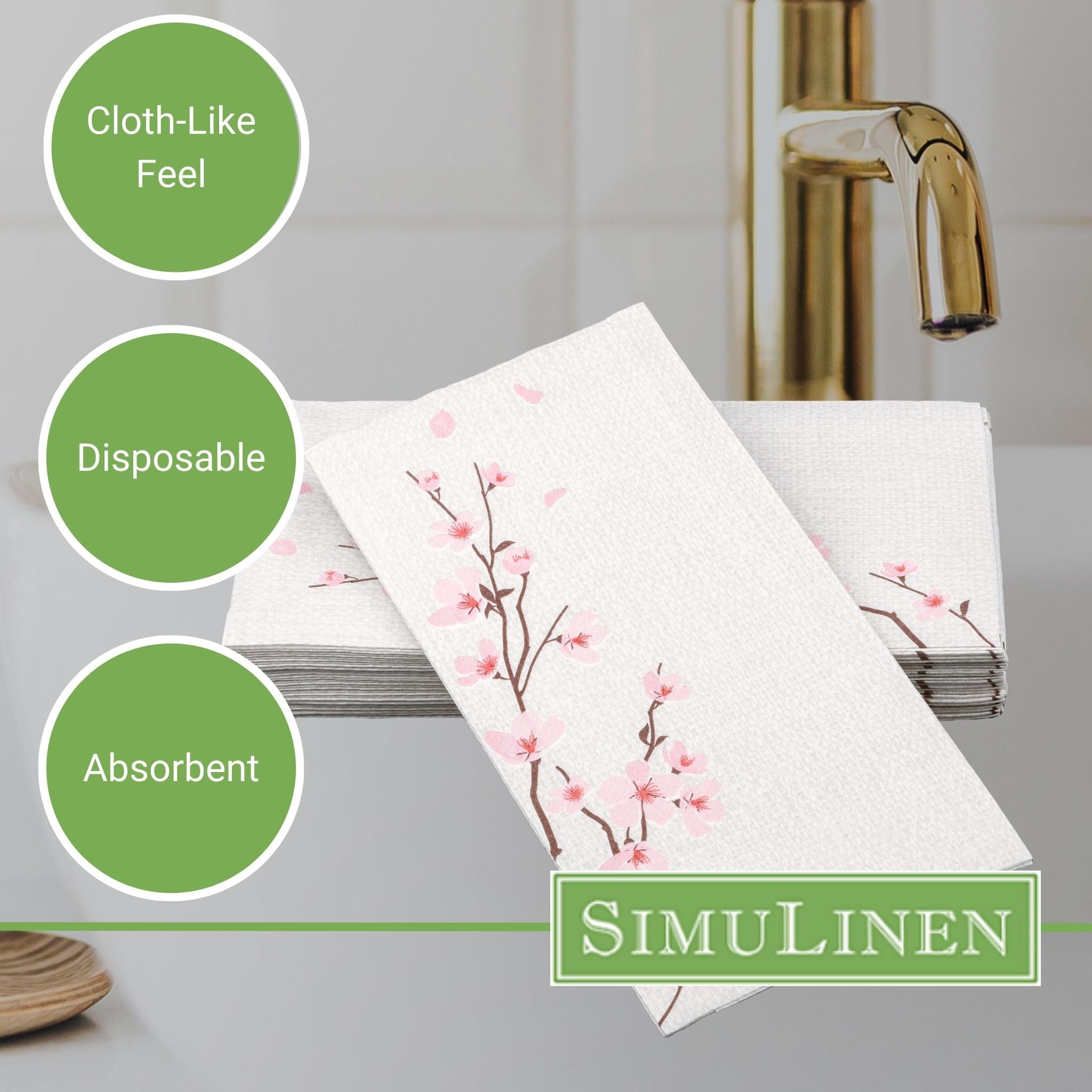 Simulinen Cherry Blossom Disposable Guest Towels - Cloth-Like, Single-Use, Linen Feel Paper Towels, 12x17, 100ct (Made in Germany)