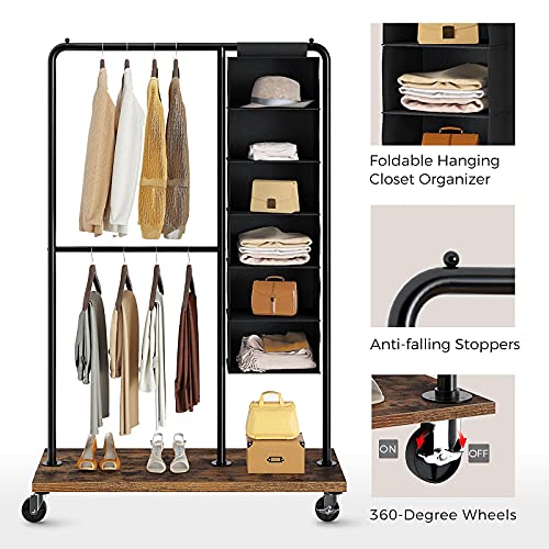 Rolanstar Clothing Garment Rack with Hanging Closet Organizer, Adjustable Heavy Duty Clothes Rack, with Rolling Wheels and 2 Brakes, Great for Living Room, Bedroom