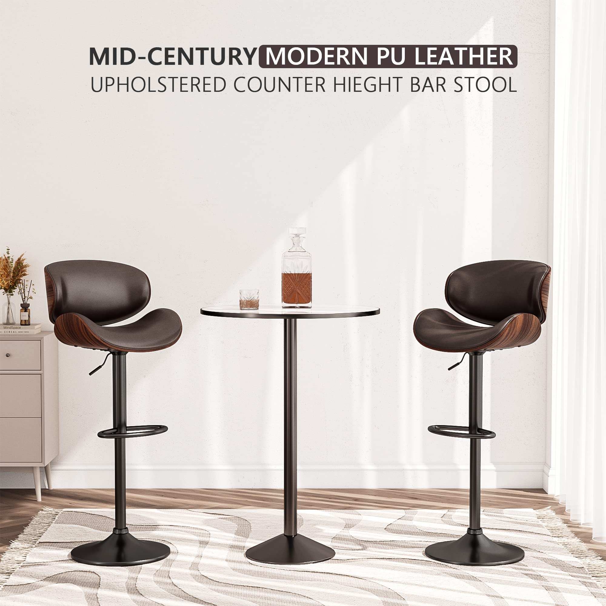 YaFiti Bar Stools Set of 4, Modern Pu Leather Swivel Adjustable Bar Stool Counter Height Stool Set, Bar Chair with Back and Footrest for Kitchen, Dining Room, Brown
