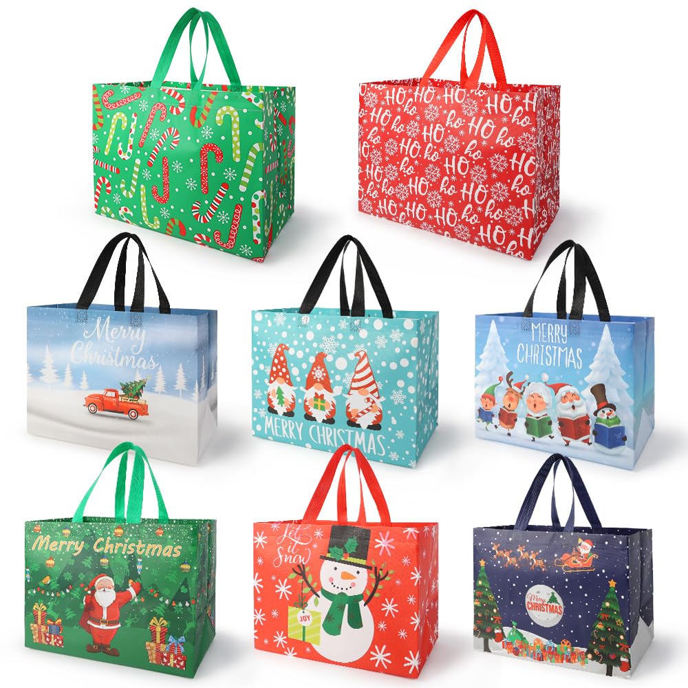 AKEROCK Large Christmas Gift Bags, Freestanding Christmas Bags with Handles and Paperboard, Reusable Xmas Gift Bags for Holiday Presents, Gift Giving, Shopping - 8 Pcs, 2 Different Sizes