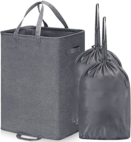 GhvyenntteS Large Freestanding Laundry Hamper Collapsible Laundry Basket with 2 Removable Bags, Sturdy Clothes Hamper with Bottom Plate and Metal Wire Frame for Bathroom Laundry Room, Grey