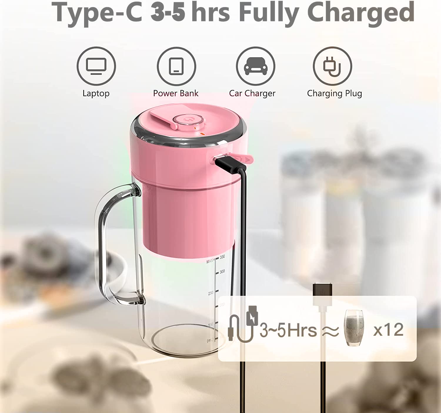 Portable Mini Blender for Shakes and Smoothies,12oz Personal Blender with Rechargeable USB, Made with BPA-Free Material Portable Juicer, 10 Blades (Pink)