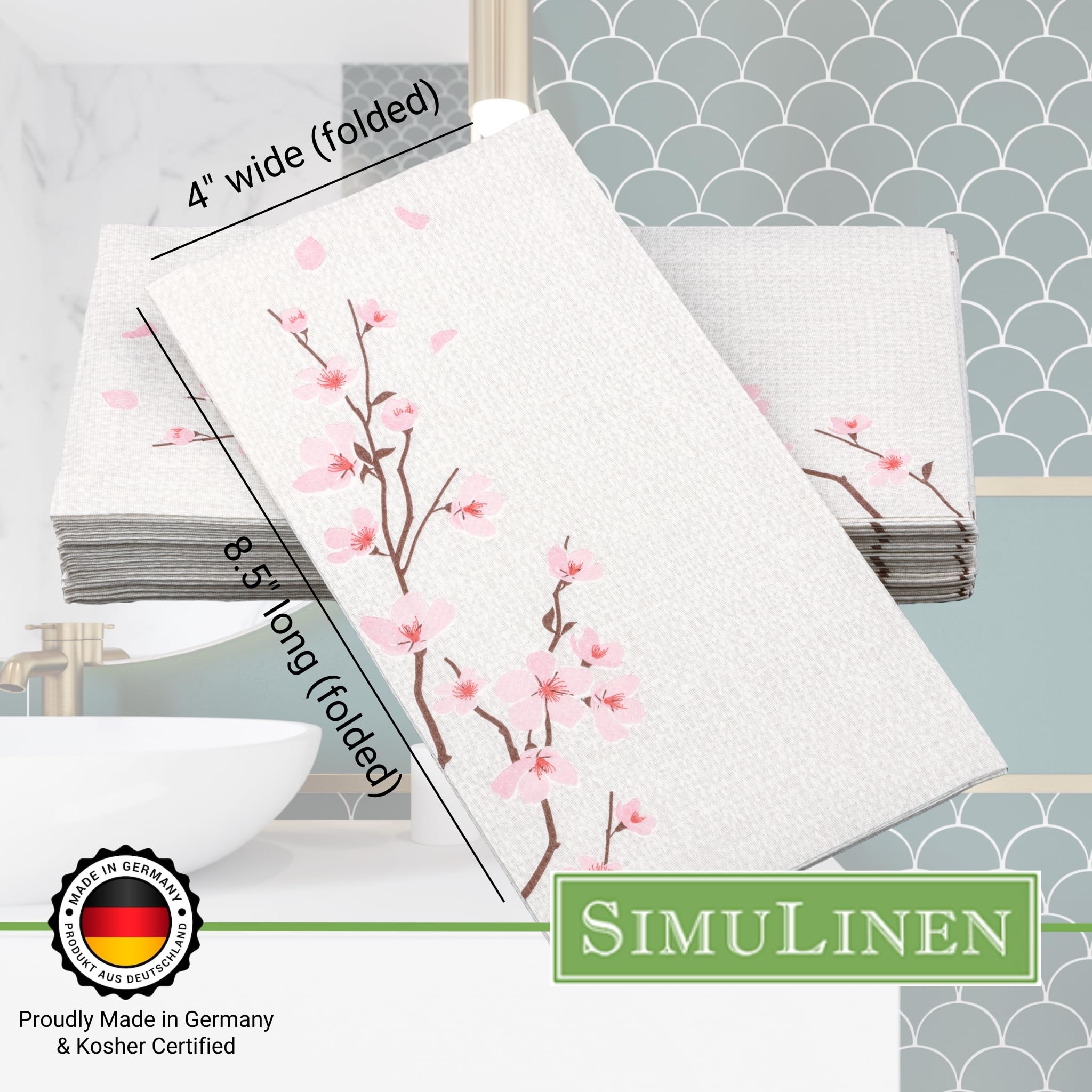 Simulinen Cherry Blossom Disposable Guest Towels - Cloth-Like, Single-Use, Linen Feel Paper Towels, 12x17, 100ct (Made in Germany)