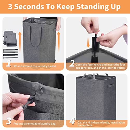 GhvyenntteS Large Freestanding Laundry Hamper Collapsible Laundry Basket with 2 Removable Bags, Sturdy Clothes Hamper with Bottom Plate and Metal Wire Frame for Bathroom Laundry Room, Grey