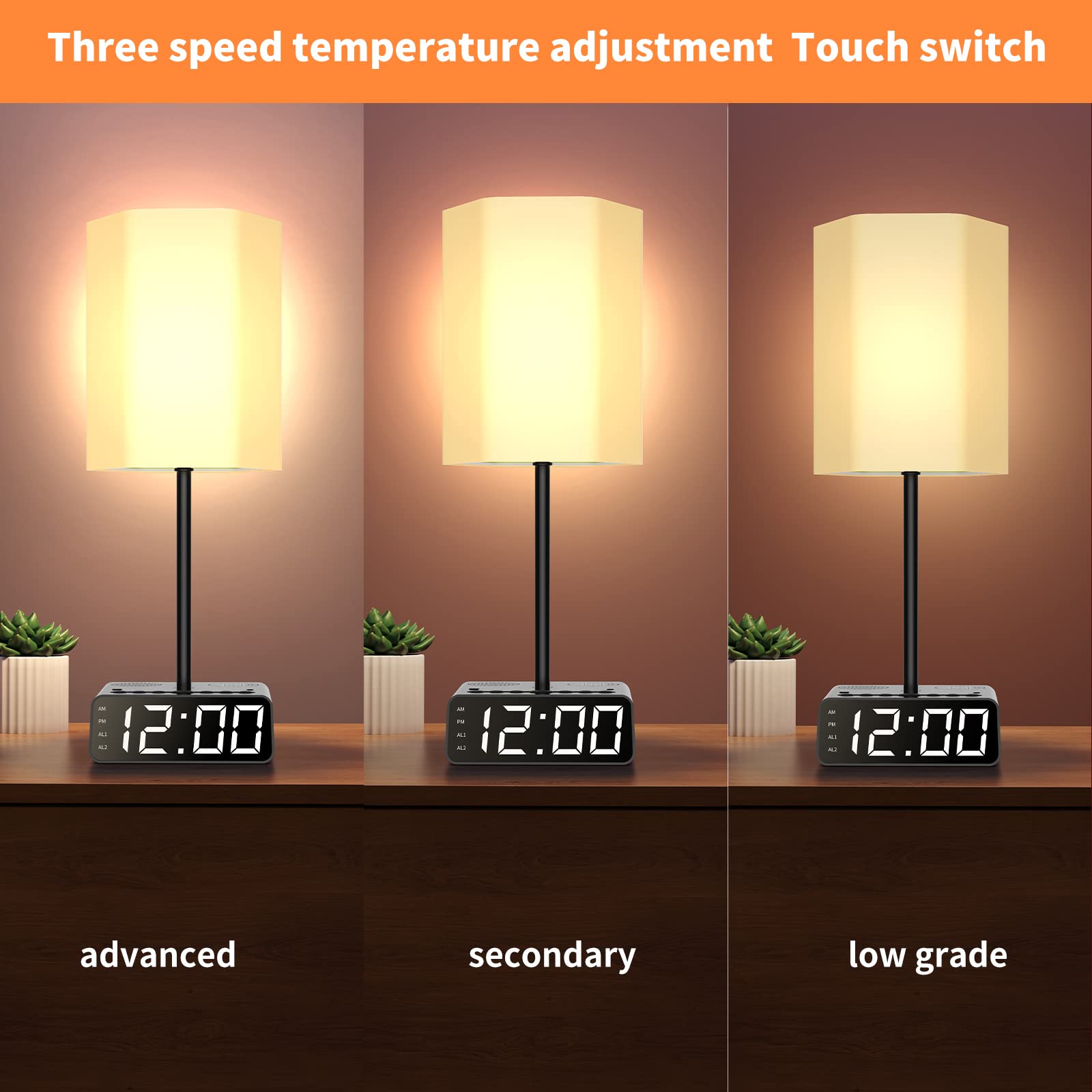 Table Lamp with Alarm Clock, Charging Station, USB C & A, AC Outlet Ports, Speakers, Radio FM - Power Outlet with Touch Control 3-Way Dimmable Nightstand Lamp for Kids Study Room, Bedroom