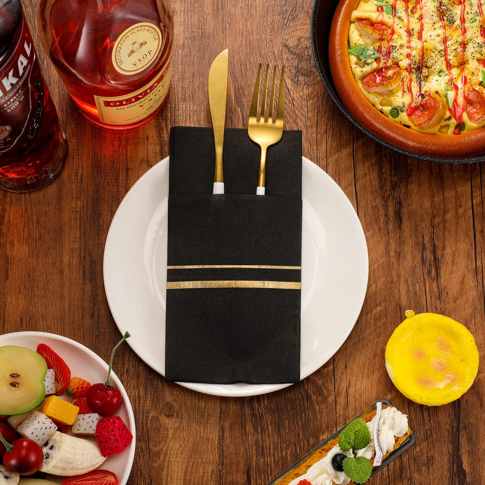 Roshtia 50 Pack Dinner Napkins Disposable Linen Feel Dinner Napkins with Built-in Flatware Pocket Gold Trim Lined Pre Folded Paper for Wedding Party (Black,Gold)