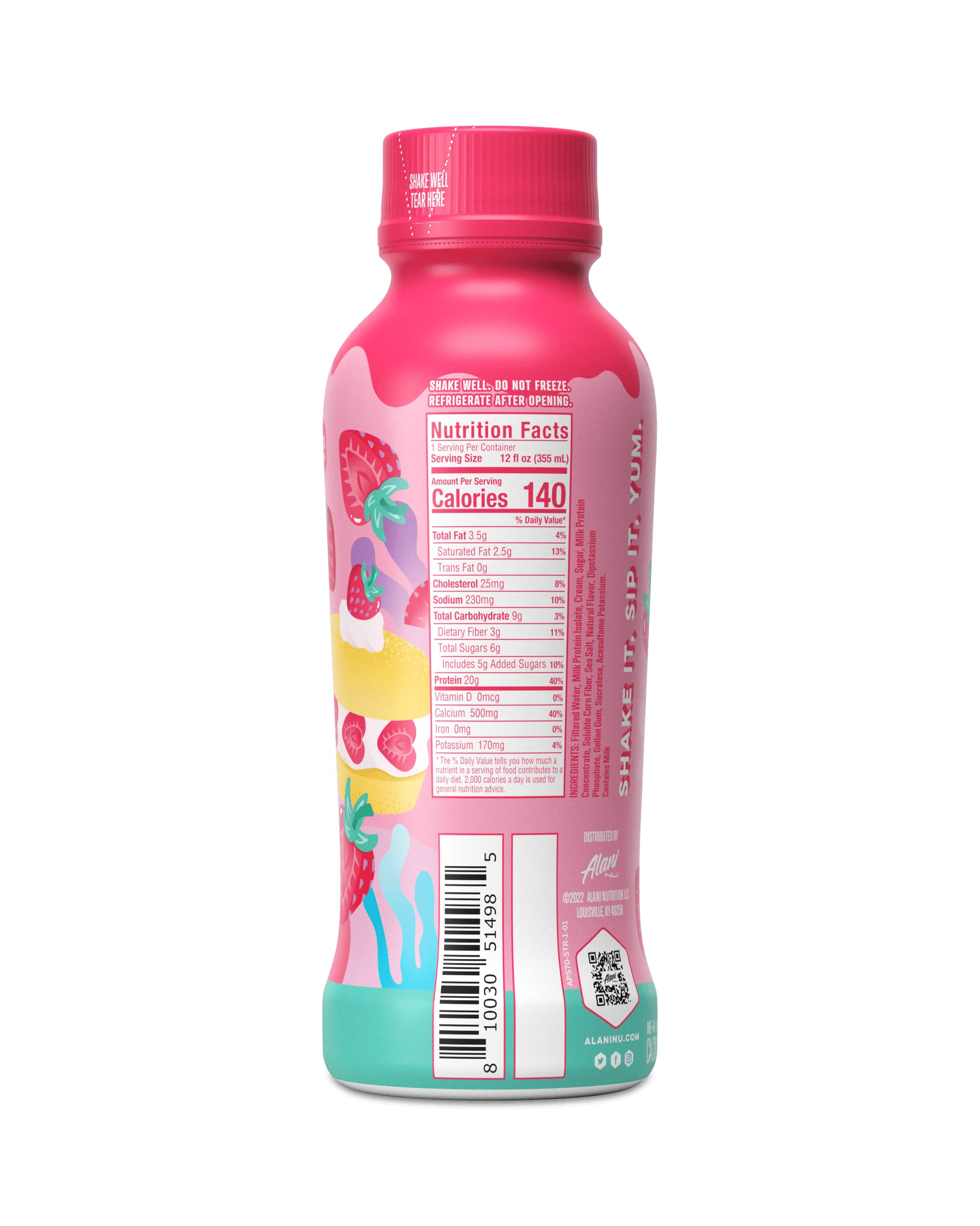 Alani Nu Protein Shake, Ready to Drink, Naturally Flavored, Gluten Free, Only 140 Calories with 20g Protein per 12 Fl Oz bottle (Strawberry Shortcake, 12 Pack)