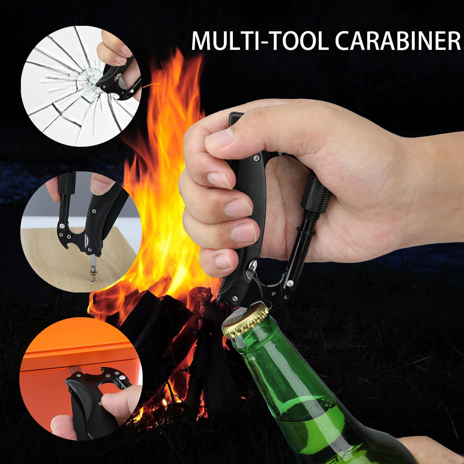 Foxmox Multitool Carabiner with Knife : EDC Carabiners Keychain,LED Flashlight,Glass Breaker and Bottle Opener,Tactical Carabiner Multi-Tools and Outdoor Survival Gear for men