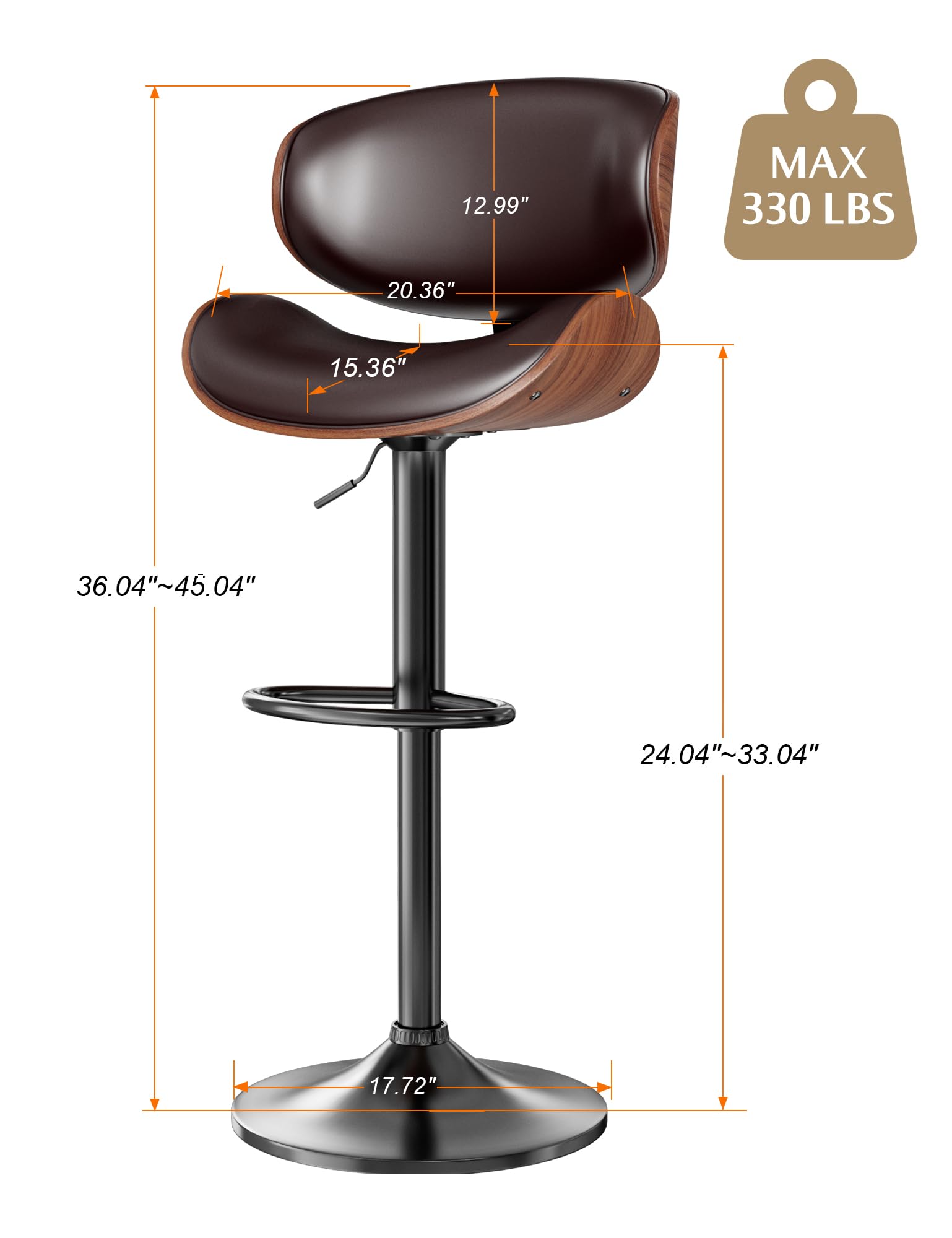YaFiti Bar Stools Set of 4, Modern Pu Leather Swivel Adjustable Bar Stool Counter Height Stool Set, Bar Chair with Back and Footrest for Kitchen, Dining Room, Brown