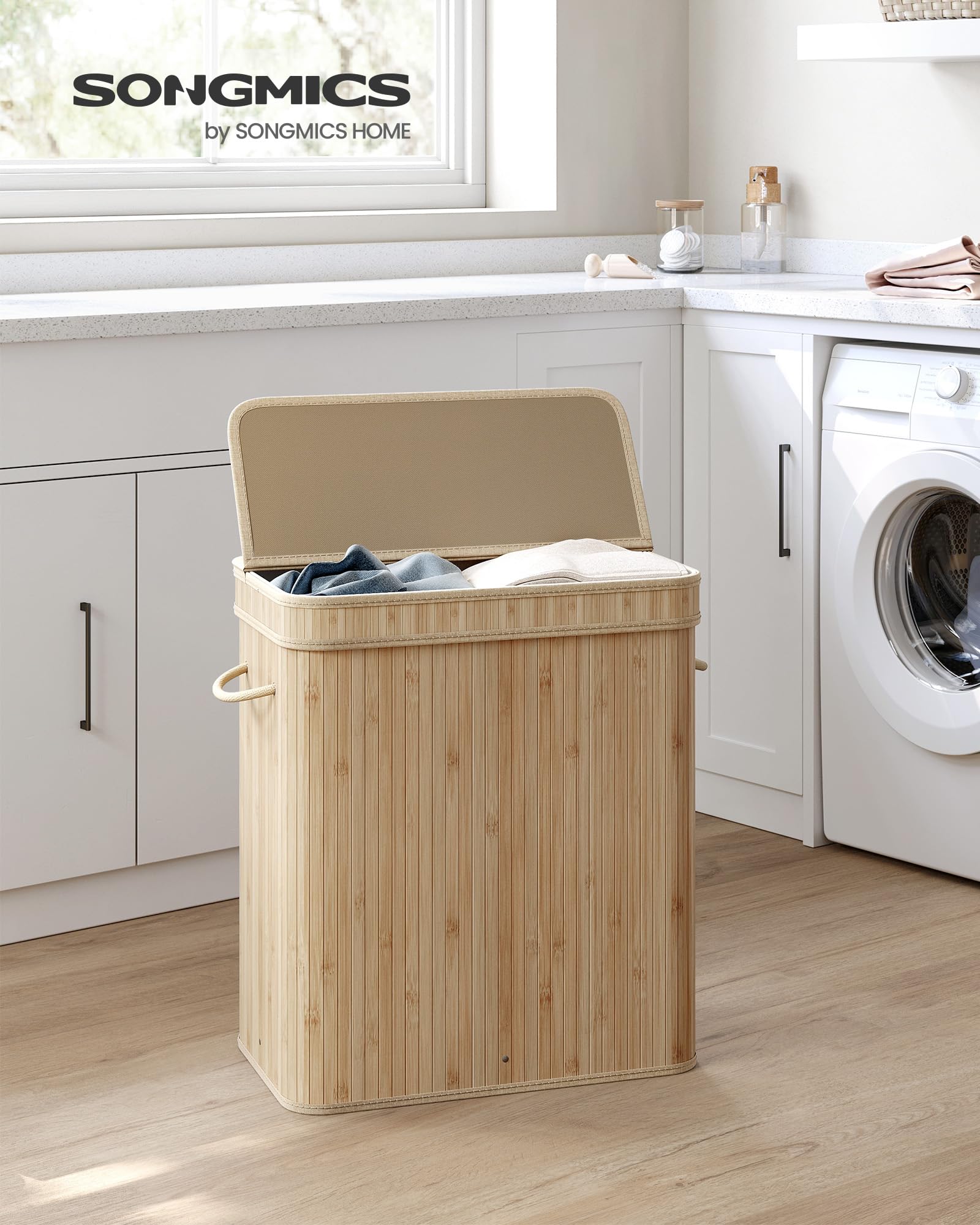 SONGMICS Laundry Hamper with Lid, Bamboo Laundry Basket, Removable Machine Washable Laundry Basket, with Handles, 26.4-Gallons, for Laundry Room, Bedroom, Bathroom, Natural Beige ULCB063N01