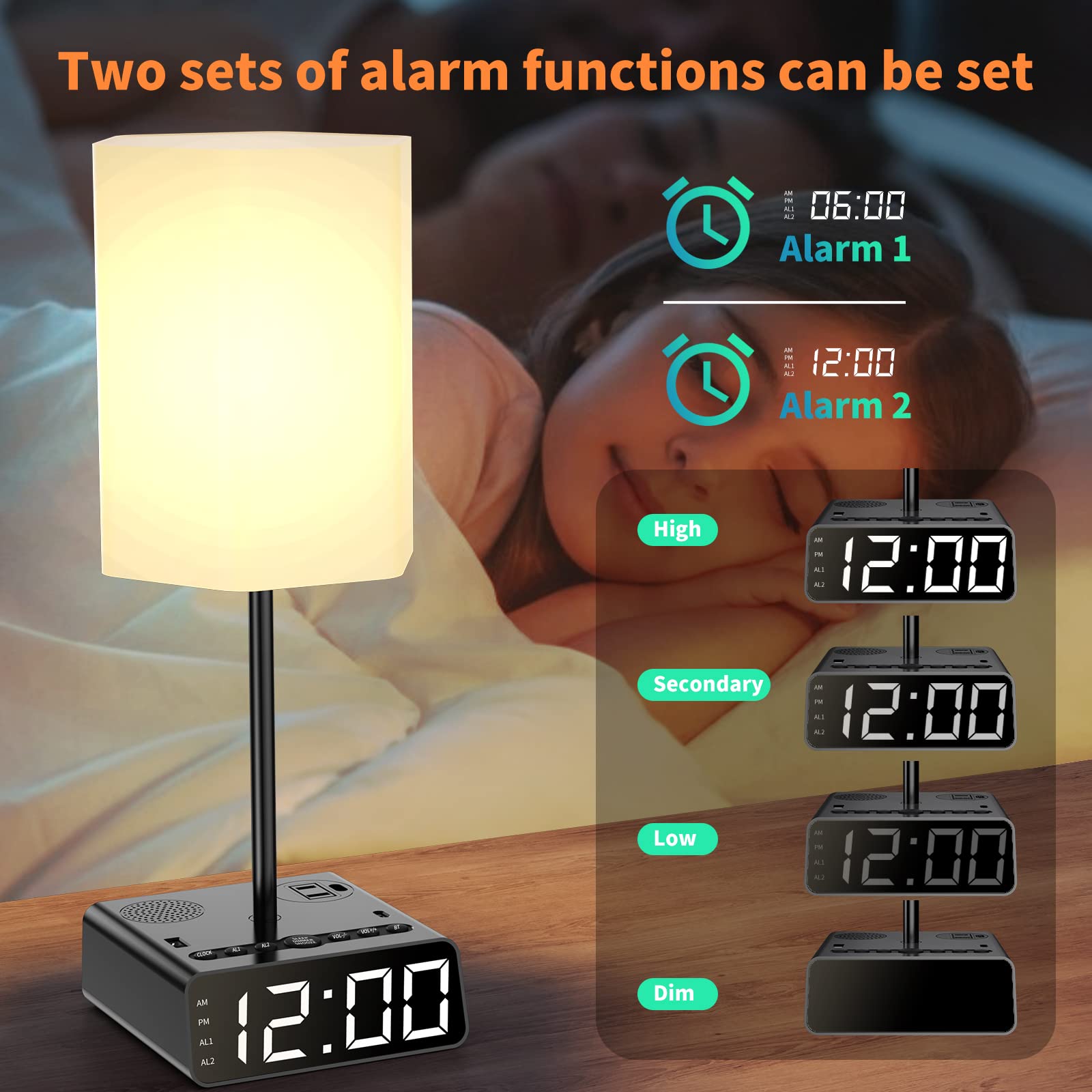 Table Lamp with Alarm Clock, Charging Station, USB C & A, AC Outlet Ports, Speakers, Radio FM - Power Outlet with Touch Control 3-Way Dimmable Nightstand Lamp for Kids Study Room, Bedroom