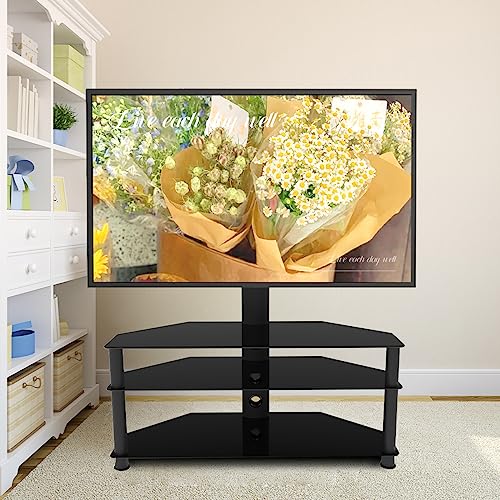 TV Floor Stand with Three Media Pallet Universal TV Stand Height Adjustment Visual Angle Rotation TV Mount Fit 32 inch to 70 inch TV Black Tempered Glass