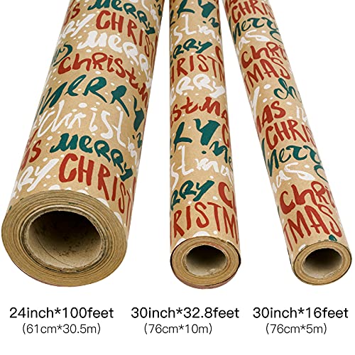 RUSPEPA Christmas Wrapping Paper,Kraft Paper - Marry Christams Design - 24 Inches x 100 Feet - White