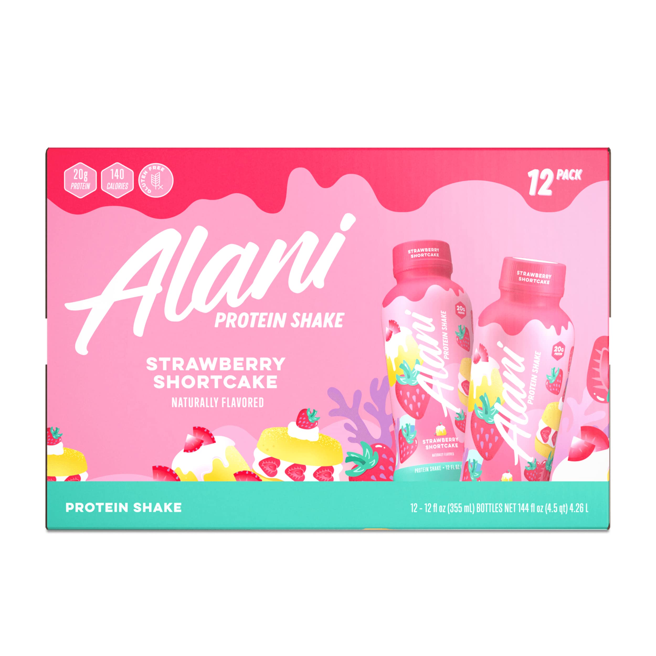 Alani Nu Protein Shake, Ready to Drink, Naturally Flavored, Gluten Free, Only 140 Calories with 20g Protein per 12 Fl Oz bottle (Strawberry Shortcake, 12 Pack)