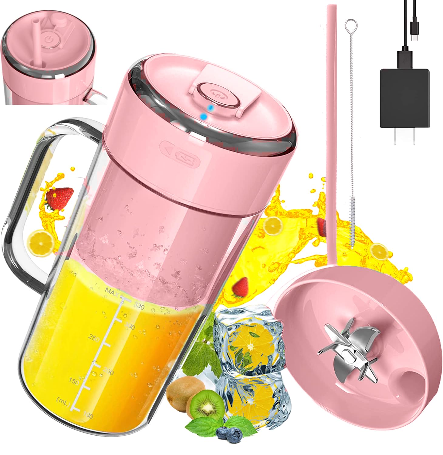Portable Mini Blender for Shakes and Smoothies,12oz Personal Blender with Rechargeable USB, Made with BPA-Free Material Portable Juicer, 10 Blades (Pink)