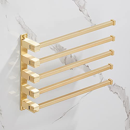 Swivel Towel Rack 4 Swing Arm Bathroom Towel Bar Wall Mounted Thick Brass Rustproof Hanging Holder Brushed Gold Finish Shower Room, Kitchen,five