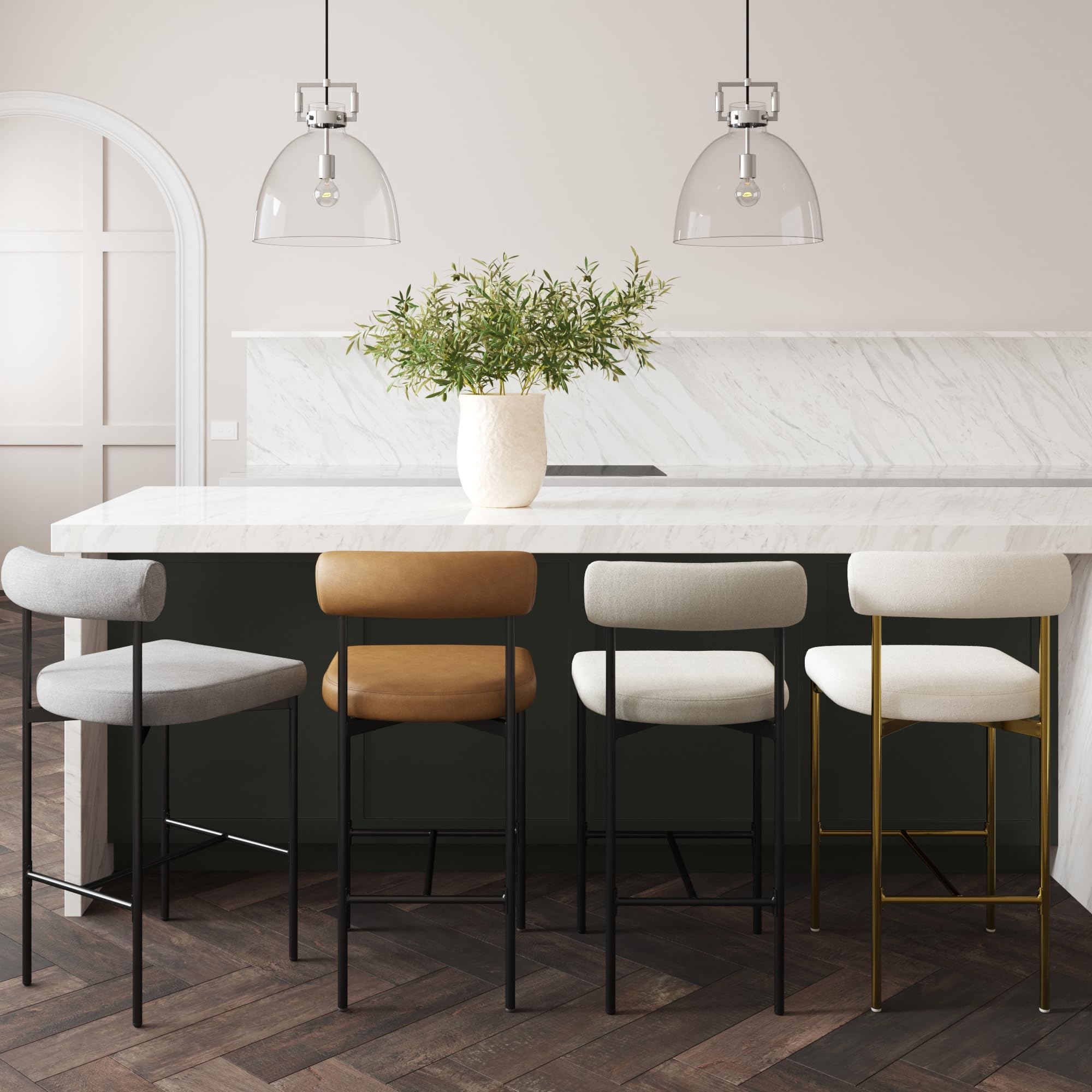 Nathan James Dahlia Counter Height Chair, Modern Barstool with Back, Mid-Century Metal Legs and Padded Cushion for Kitchen, Island and Bars, Light Grey/Black