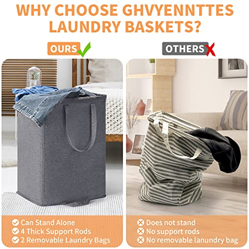 GhvyenntteS Large Freestanding Laundry Hamper Collapsible Laundry Basket with 2 Removable Bags, Sturdy Clothes Hamper with Bottom Plate and Metal Wire Frame for Bathroom Laundry Room, Grey