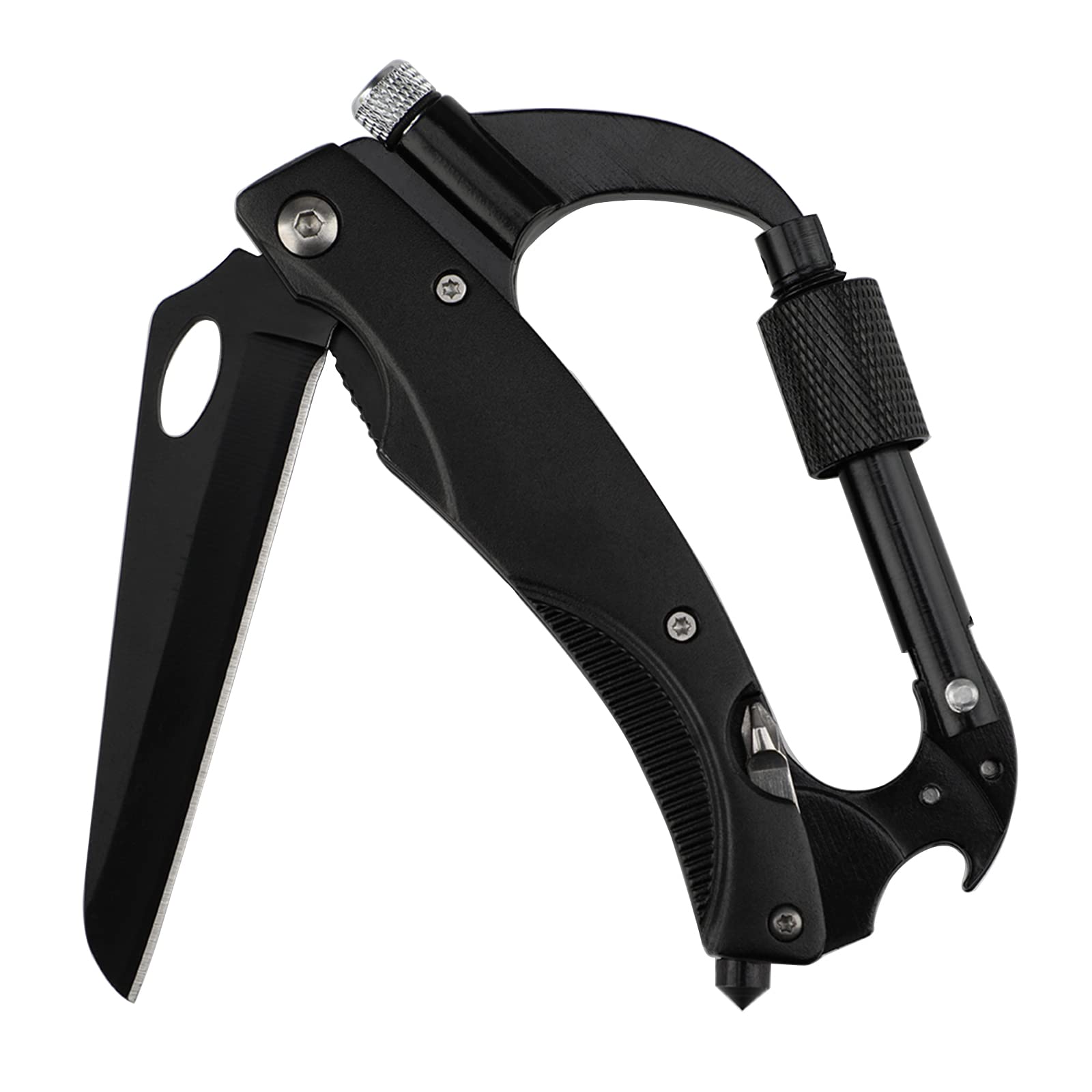 Foxmox Multitool Carabiner with Knife : EDC Carabiners Keychain,LED Flashlight,Glass Breaker and Bottle Opener,Tactical Carabiner Multi-Tools and Outdoor Survival Gear for men