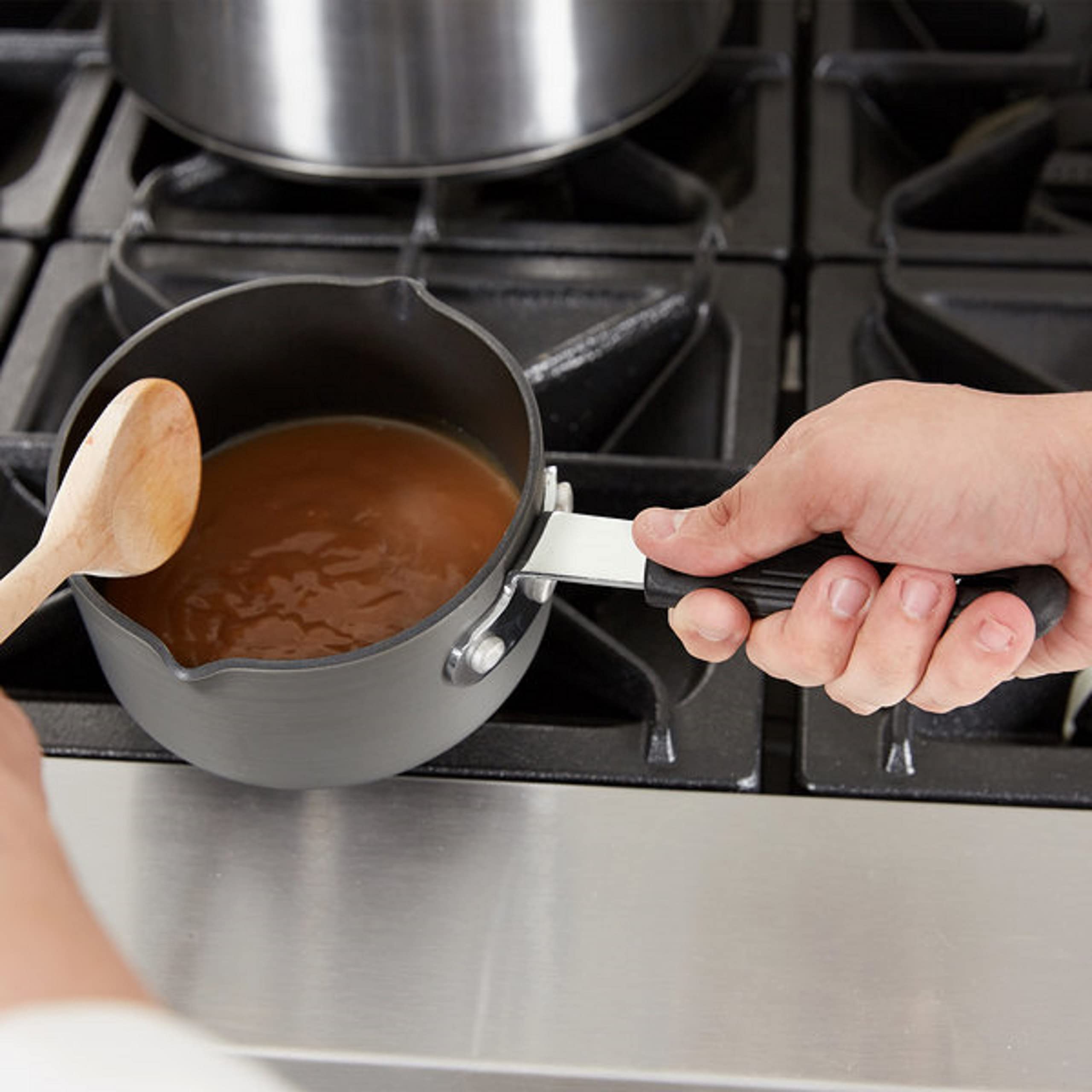 TrueCraftware-1 Quart Non-Stick Aluminum SaucePan Anodized with Pour Spout Black Cool Handle Sleeve- Multipurpose use Cooking Sauce Pan Cookware Cooking Pot for Home Kitchen or Restaurant