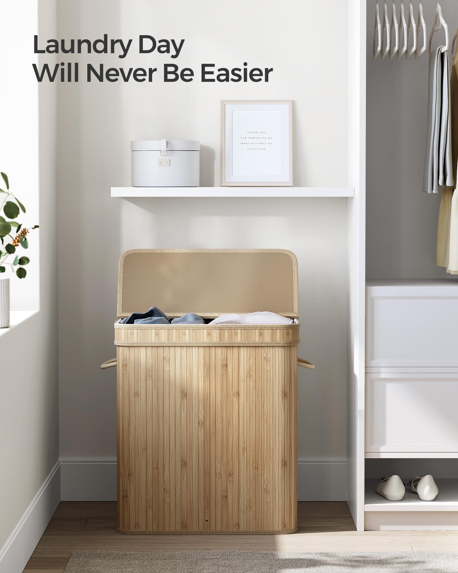 SONGMICS Laundry Hamper with Lid, Bamboo Laundry Basket, Removable Machine Washable Laundry Basket, with Handles, 26.4-Gallons, for Laundry Room, Bedroom, Bathroom, Natural Beige ULCB063N01