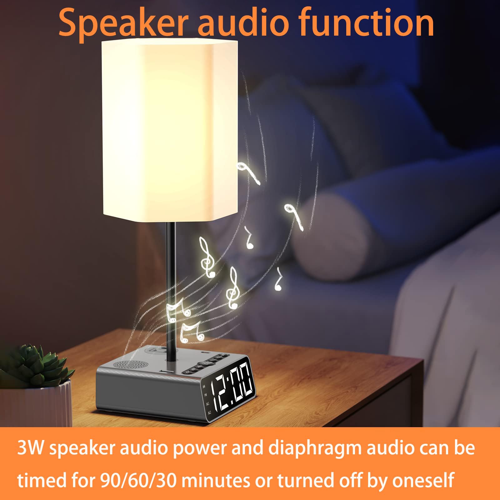 Table Lamp with Alarm Clock, Charging Station, USB C & A, AC Outlet Ports, Speakers, Radio FM - Power Outlet with Touch Control 3-Way Dimmable Nightstand Lamp for Kids Study Room, Bedroom